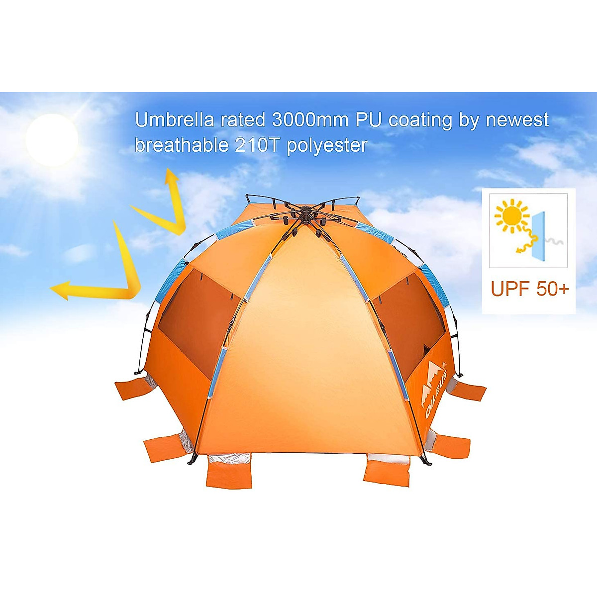 Oileus X-Large 4 Person Beach Tent Sun Shelter - Portable Sun Shade Instant Tent for Beach with Carrying Bag, Stakes, 6 Sand Pockets, Anti UV for Fishing Hiking Camping, Waterproof Windproof, Orange