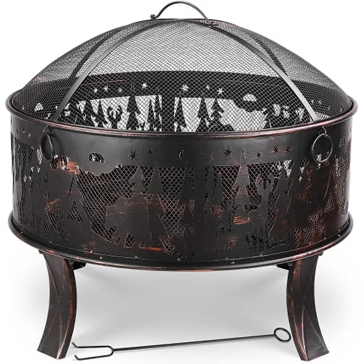 Portable Fire Bowl 27 Inch Fire Pit, Outside Fire Pit, Garden Fireplace with Spark Guard, Poker & Charcoal Grate, Fire Pits for Patio Camping Backyard Balcony, Elk Pattern