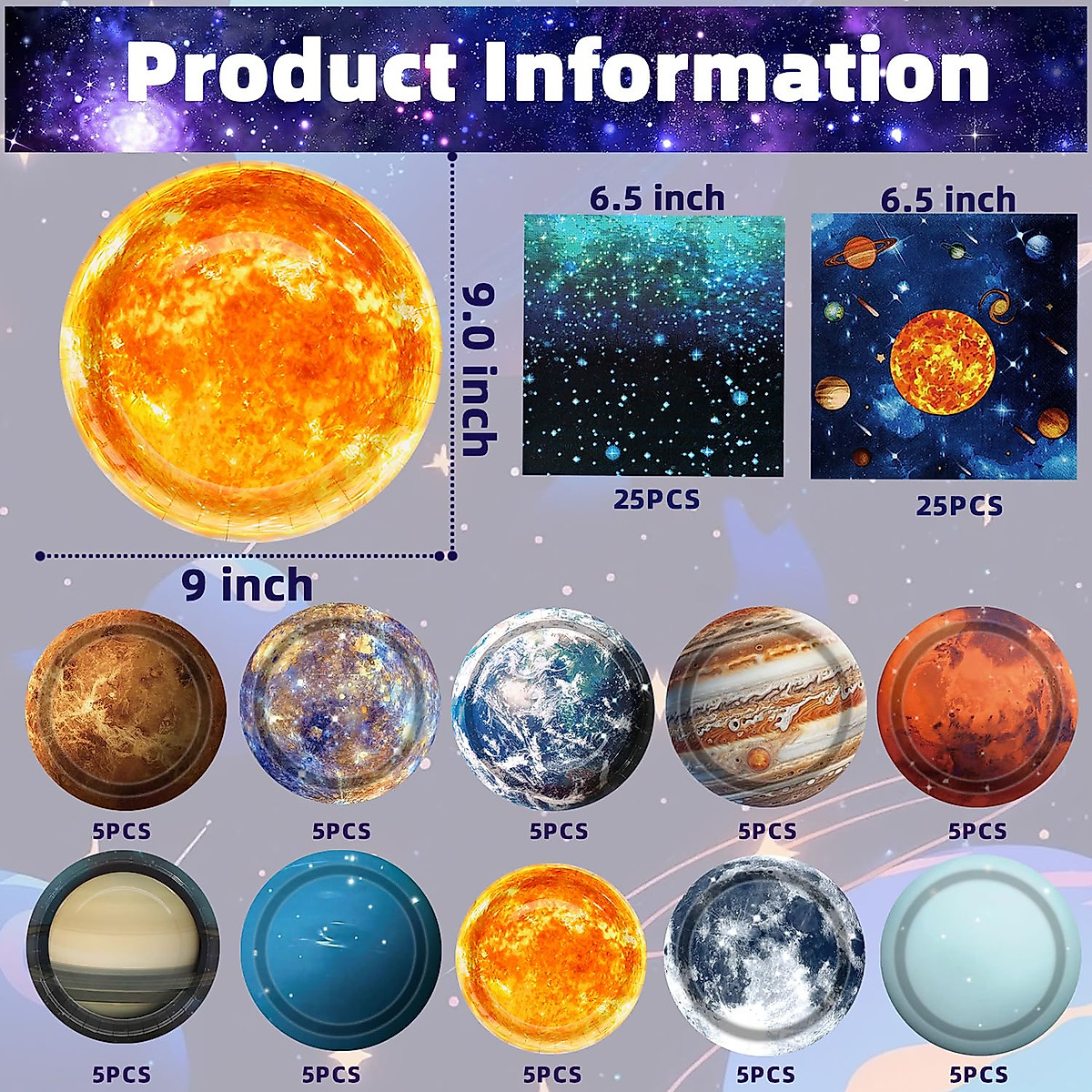 UROINEPA Space Theme Party Decorations 100Pcs Galaxy Planet Outer Space Disposable Plates and Napkins for Kids Space Solar System Planets Baby Shower Birthday Party Decorations