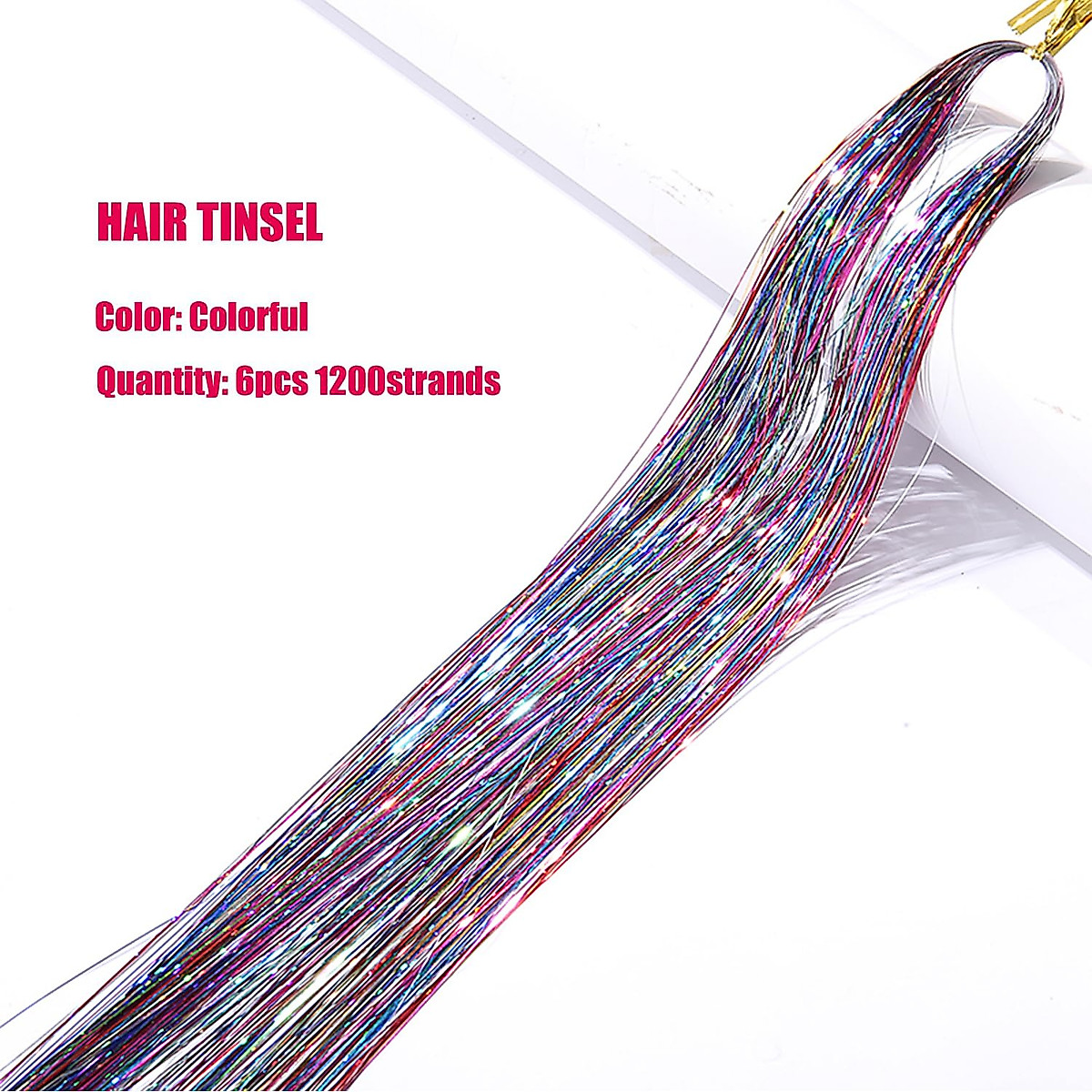 Hair Tinsel Kit with Tool 6pcs 1200 Strands Colorful Tinsel Hair Extensions Heat Resistant Sparkling Shiny Glitter Fairy Hair Accessories for Women Girls Kids 47Inch