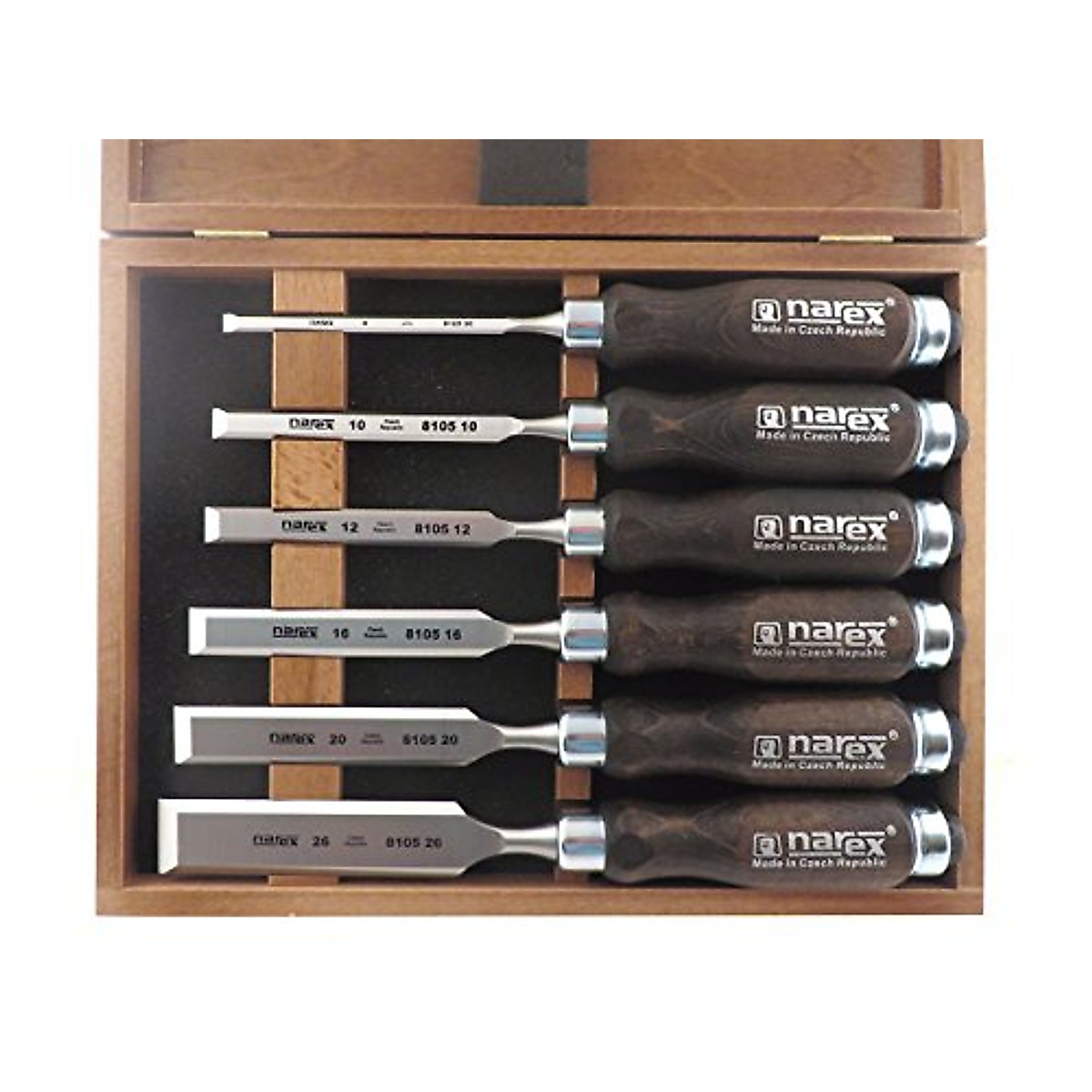 Narex 6 pc Set 6 mm (1/4), 10 (3/8), 12 (1/2), 16 (5/8), 20 (13/16), 26 (1-1/16) Woodworking Chisels in Wooden Presentation Box 853053