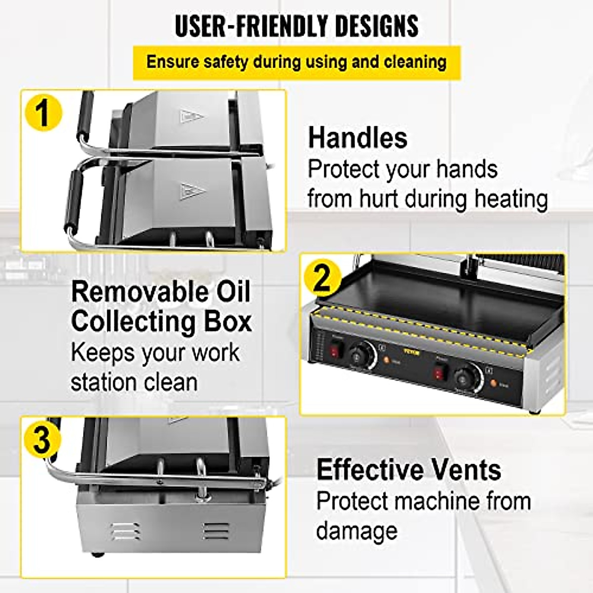 Happybuy Commercial Sandwich Panini Press Grill,110V 2x1800W Double Up Grooved and Down Flat Plates Electric Stainless Steel Sandwich Maker,Temperature Control 122°F-572°F for Hamburgers Steaks Bacons