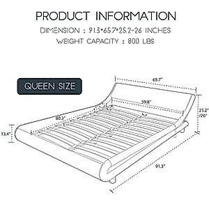 Einfach Queen Size Bed Frame with Ergonomic Adjustable Headboard, Faux Leather Upholstered Low Platform Bed with Curved Design, Sturdy Wooden Slats Support, No Box Spring Needed, Black