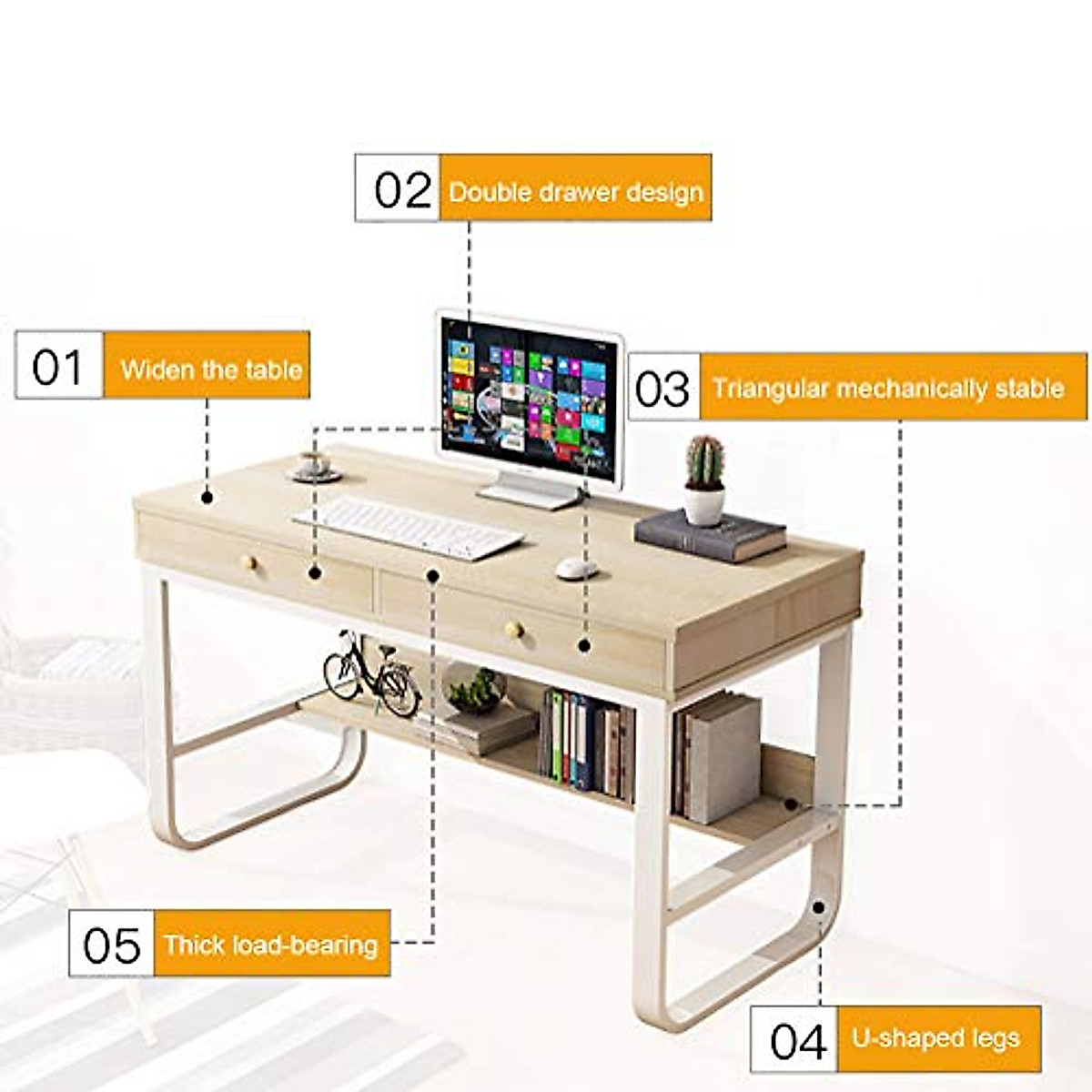 TOPYL Computer Desk Modern Sturdy Office Desk,Dressing Table,Desk with 2 Drawers,Writing Desk Workstation,Home Office Study Desk