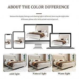 LIMGLIM Queen Bed Frame with Headboard,Upholstered Bed Frame Queen with Vertical Channel Tall Wingback Headboard,No Box Spring Needed,Wooden Slats Support,No-Noise,Easy Assembly,Linen Beige