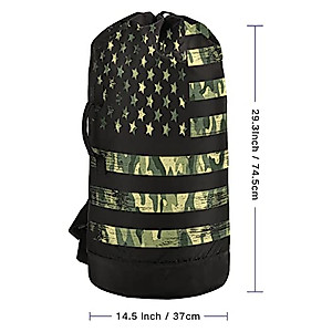 One Bear Camo American Flag Laundry Bag Drawstring Closure Waterproof Durable Backpack Storage Basket Organization Dirty Clothes Bag Laundry Hamper with Shoulder Straps