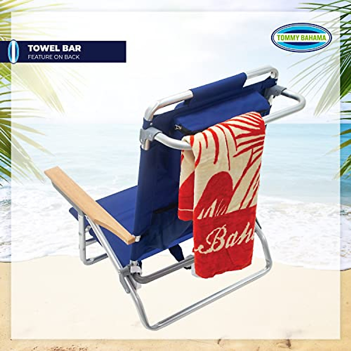 Tommy Bahama 5-Position Classic Lay Flat Folding Backpack Beach Chair, Polyester, Navy