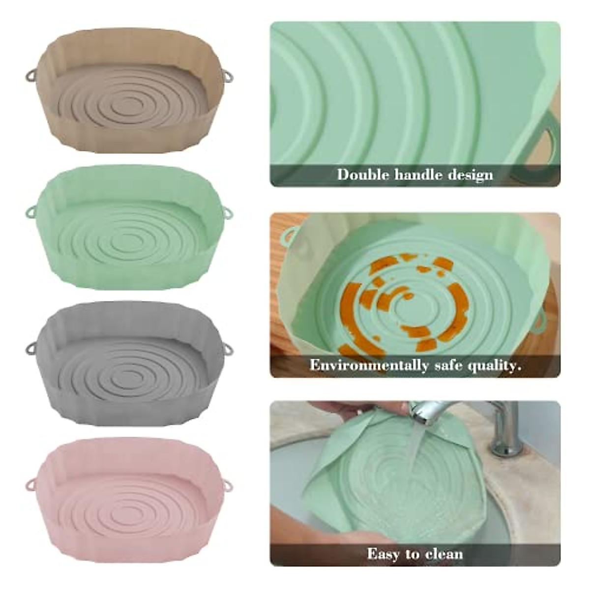 MingQiEven 4 Pcs 7 Inch Square Air Fryer Silicone Pot, Heat Resistant Easy Cleaning Reusable Thin Food Safe Accessories, 3 to 6 Qt for Air Fryer Silicone Pot (Pink+Grey+Brown+Green)