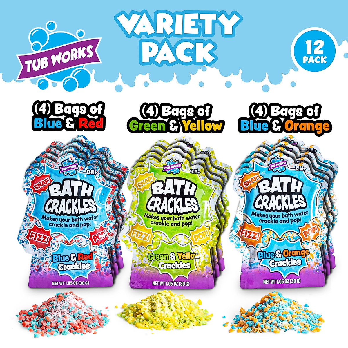 Tub Works® Bath Crackles Bath Toy, Variety 12 Pack | Nontoxic & Fragrance-Free | Makes Bath Water Crackle & Pop for a Unique Kids Bath | Swirl Water for Fizzy Fun | Sensory Kids & Toddler Bath Toys