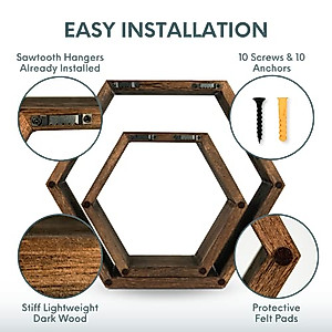 Floating Shelves – Hexagonal Premium Wood Shelves – Set of 5 – Rustic Farmhouse Decor – Honeycomb Display Shelf – Wall Shelves for Bathroom, Bedroom, Kitchen, Office & Living Room - Easy Installation