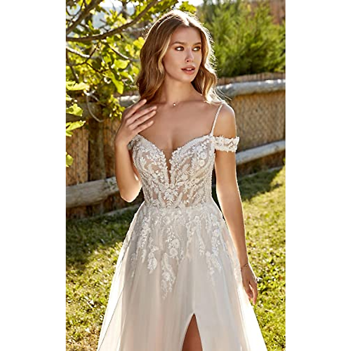 SEIM Plus Size Womens Lace Applique Bodice 2023 Wedding Dress with Slit White Long Empire Waist Off Shoulder Beach Wedding Dress with Slit for Bride 16W