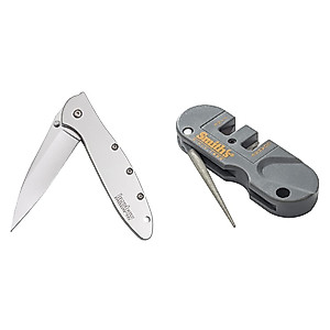 Kershaw Leek Pocket Knife (1660) 3-In. Sandvik 14C28N Blade and Stainless Steel Handle, 3 oz. & Smith’s PP1 Pocket Pal Knife Sharpener Preset Carbide & Ceramic Stone Sharpeners