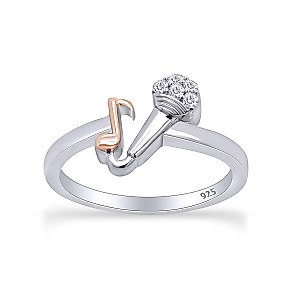 Round White Natural Diamond Accent Mic & Music Note Two Tone Ring 14k White Gold Over Sterling Silver