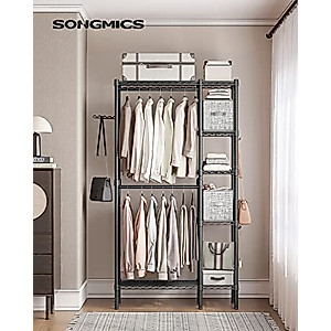 SONGMICS Garment Rack Heavy Duty Clothes Rack, Freestanding Portable Wardrobe Closet for Hanging Clothes with 2 Storage Boxes, 8 Hooks, Adjustable Wire Shelves, 2 Hanging Rods, Black ULGR422B01