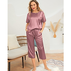 SWOMOG Womens 2 Piece Satin Pajamas Silk Short Sleeve Pjs Sets Capri Bottom Pajama Pants Loose Outfit with Pockets Misty Rose Medium