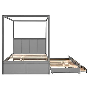 LZ LEISURE ZONE Queen Size Canopy Platform Bed, Wood Queen Size Canopy Bed with Twin Size Trundle and 3 Storage Drawers, Grey