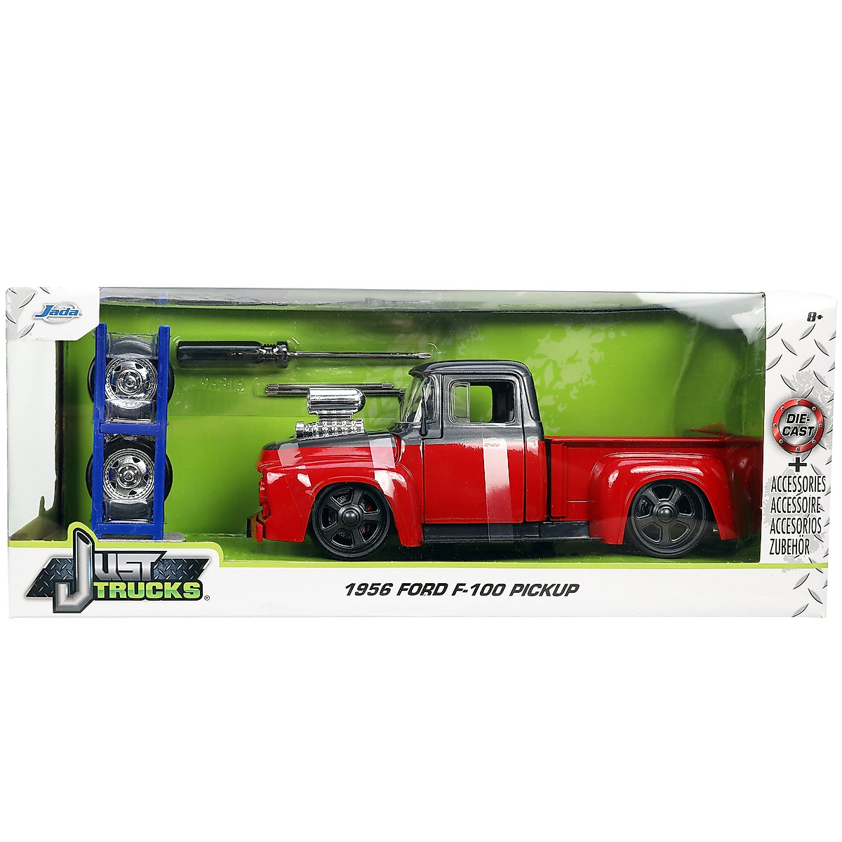 Jada Toys Just Trucks 1:24 1956 Ford F-100 Pickup Truck Red/Dark Gray with Tire Rack