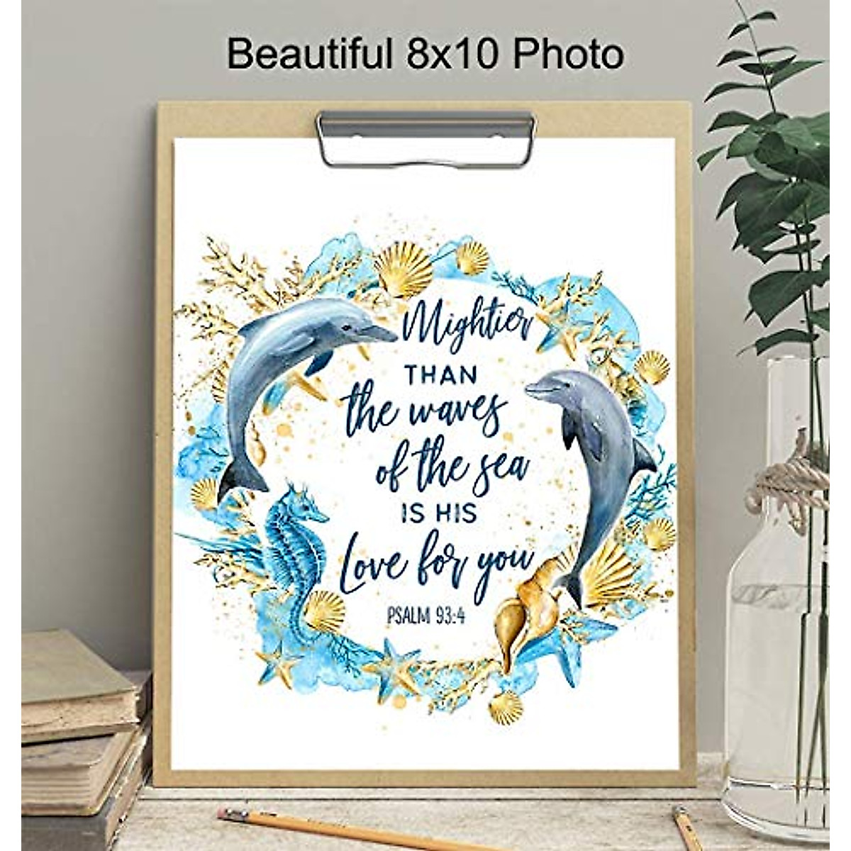 Ocean Dolphins Bible Verse Religious Wall Art - Inspirational Quote Christian Scripture Room Decoration for Bathroom, Bedroom - Nautical Beach House Poster - Mightier Than the Waves Blue Wall Decor