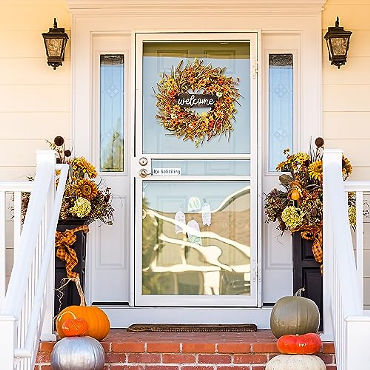 Sggvecsy Artificial Fall Wreath 22’’ Autumn Front Door Wreath Harvest Wreath with Orange Daisy Ear of Wheat Mixed Flowers and Leaves for Outside Indoor Wall Window Festival Thanksgiving Autumn Decor
