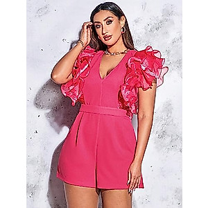 WDIRARA Women's Mesh Layered Ruffle Sleeve V Neck Pleated Solid Rompers Short Jumpsuits Watermelon Pink 3XL