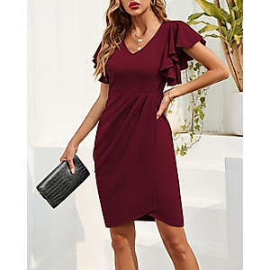 IHOT Dresses for Women 2025 Ruffle Sleeve Faux Wrap Sheath Bodycon Wedding Guest Cocktail Club Party Dress Ruched V Neck Casual Work Office Tulip Hem Dress Burgundy L