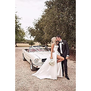 Strapless Wedding Dresses for Bride 2023 Simple Satin Wedding Dress with Slit Ivory Ball Gown for Women Size 14