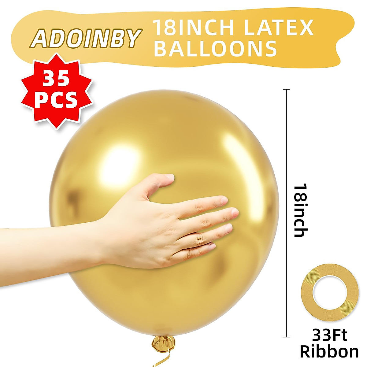 ADOINBY 18 Inch Metallic Gold Balloons - 35Pcs Large Thick Gold Balloons Big Round Chrome Gold Latex Balloons for Birthday Baby Shower Wedding Graduation Gold Themed Party Decorations