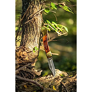 Uncle Henry LB7CP Bear Paw Traditional Lockback Pocket Knife with 3.7in Clip Point High Carbon S.S. Blade, Wood Handle, Brass Bolsters, and Leather Belt Sheath for EDC, Hunting, Camping, and Outdoors,Brown