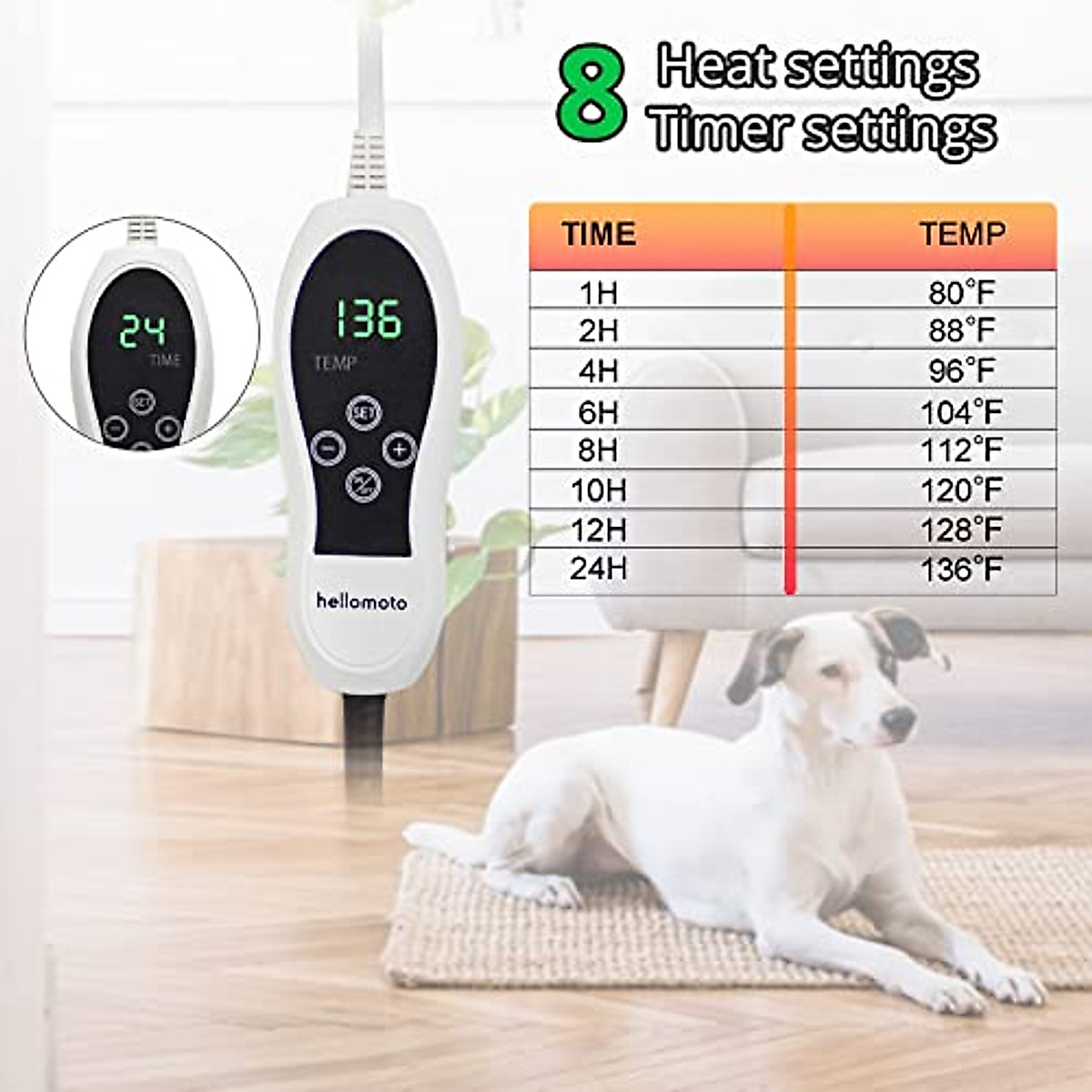 HELLOMOTO Pet Heating Pad, 12 Heat Settings Dog Cat Heating Pad with Timer, Electric Pads for Dogs Cats with Chew Resistant Cord (Small)