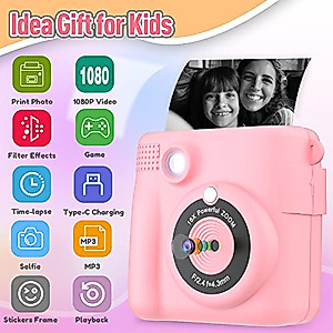ESOXOFFORE Instant Print Camera for Kids, Christmas Birthday Gifts for Girls Boys Age 3-12, HD Digital Video Cameras for Toddler, Portable Toy for 3 4 5 6 7 8 9 10 Year Old Girl with 32GB SD Card-Pink
