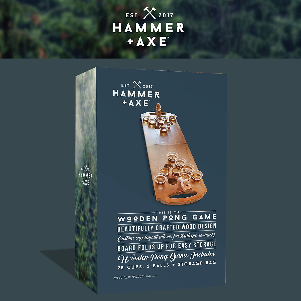 Hammer + Axe Mini Beer Pong Drinking Game, Portable Foldable Wood Tabletop Activity, Includes 25 Cups, 2 Balls, Carrying Bag, Tailgate College BBQ Party Game, College Dorm Gift, Alcohol Liquor Shots