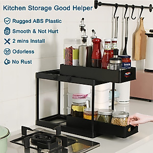 YumKubis Under Sink Organizers and Storage, 2 Tier Sliding Bathroom Cabinet Organizer, Pull Out Under Sink Storage, Black Bathroom Counter Organizer with Drawers & 4 Hooks for Kitchen, Bathroom