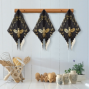 Embroidery Heraldry with Yellow Gold Bee Golden Bee on Black Dark 6 Set Kitchen Dish Towels, Washcloths Cleaning Cloths Dish Cloths, Absorbent Towels Lint Free Bar Tea Soft Waffle Towel 11"x11"