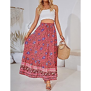 ZESICA Women's 2025 Summer Bohemian Floral Printed Elastic Waist A Line Maxi Skirt with Pockets,Floral Red,Small