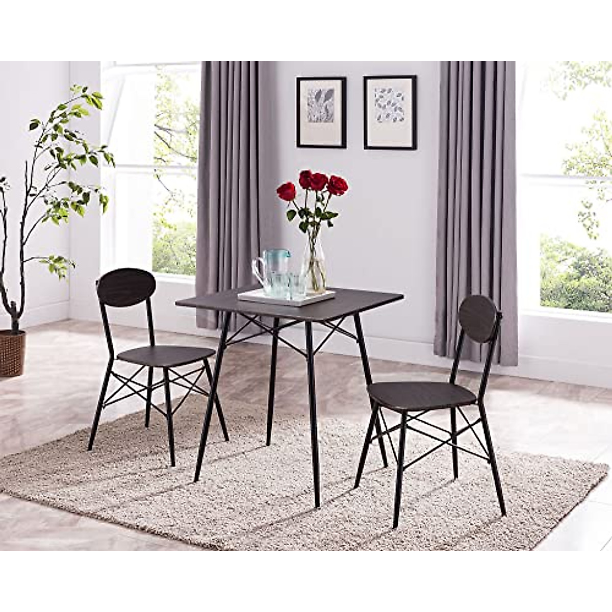 Pilaster Designs Indoor Home Decorative Furniture Valley 3 Piece Dining Set, Black Metal Frames & Walnut Wood Top, 27.5" Square, Modern (Table & 2 Oval Back Chairs)