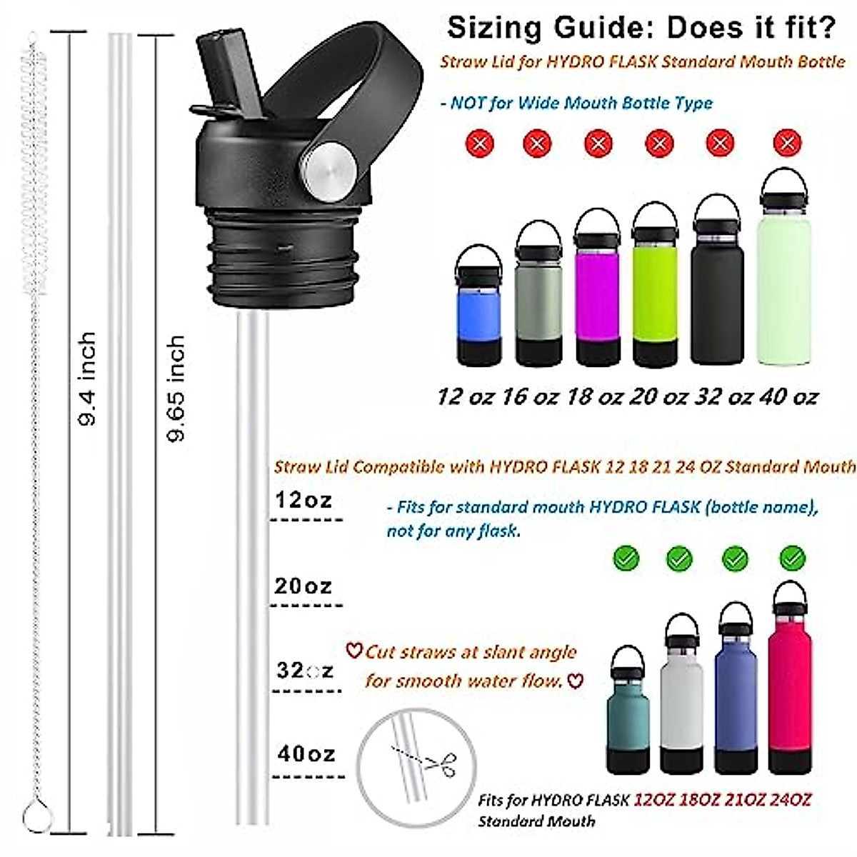 Straw Lid for Hydroflask, Lids with Straw for Hydro Flask 18 21 24 oz Standard Mouth, Replacement Sport Cap for HydroFlask Top Lid with Flexible Handle, Sport Water Bottle Cap Accessories, Black