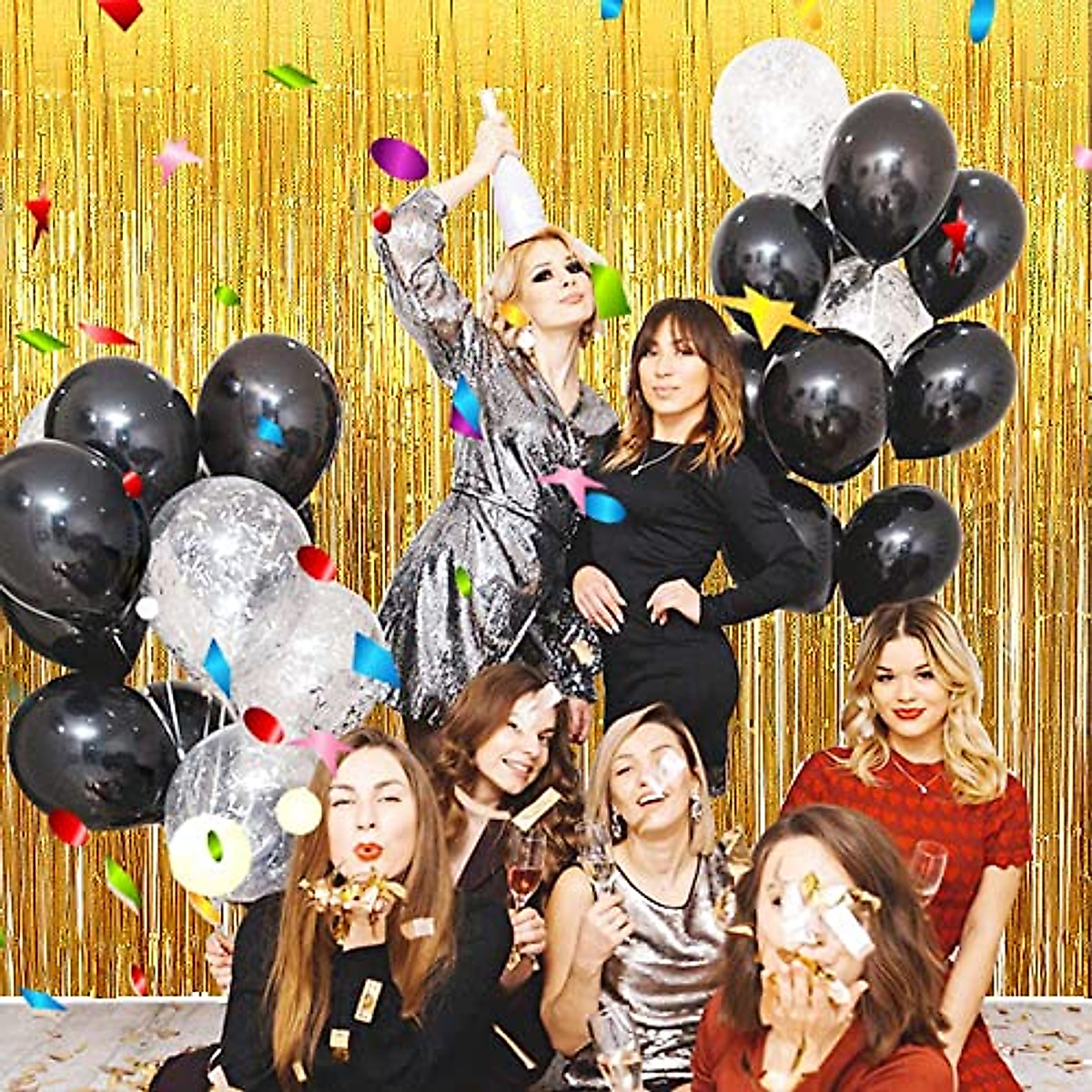 Gold Fringe Curtain Backdrop, 4pcs 3.2x8 Feet Gold Foil Curtain, Gold Streamers for Photo Booth Props Party Backdrop Decorations