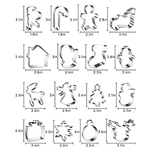 16 Pcs Christmas Cookie Cutters Winter Set with Decorating Instructions Stainless Steel Gingerbread Man Tree Snowflake Candy Cane Santa Snowman And More