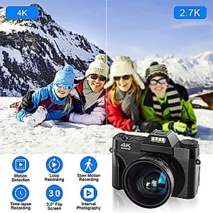 Acoletty 4K Digital Camera for YouTube, 48MP Vlogging Camera, 16X Digital Zoom, 3.0" IPS 30FPS 180° Flip Screen TopCam32 Zoom, 52mm Wide Angle Lens, Macro Lens, 2 Batteries and 32GB TF Card