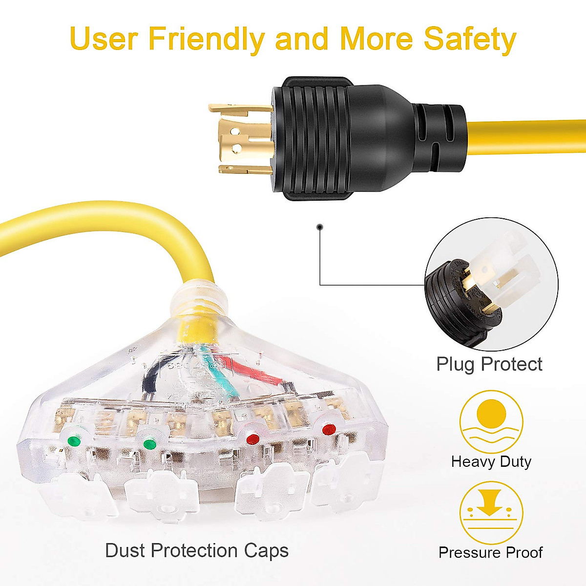Rophor 30 Amp to 110 Adapter Generator Power Cord, 4 Prong 30 Amp to 15 Amp Generator Adapter, Nema L14-30P Male to 4X 5-20R Female with Dust Protection Caps, 1.5 FT