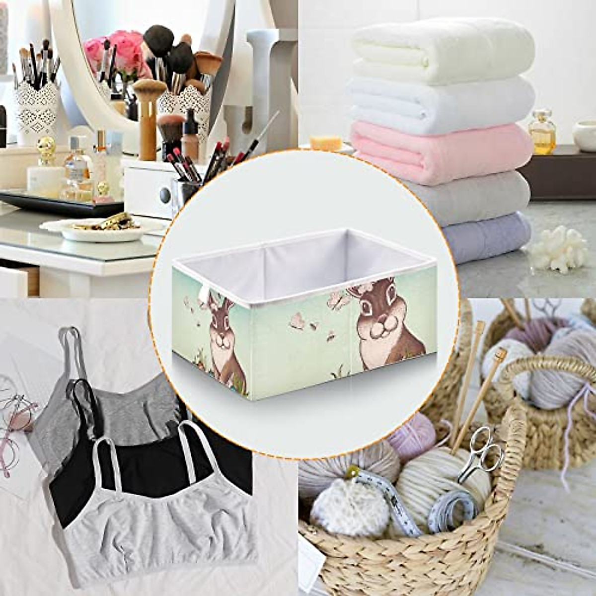 RunningBear Easter Rabbit Storage Basket Storage Bin Square Collapsible Storage Box Clothes Toys Bin Organizer for Home Office Dorm Shelf