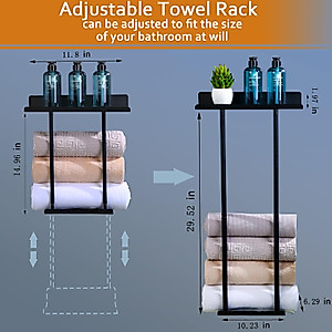 Klapber Metal Towel Rack Wall Mounted Towel Holder for Bathroom Wall, Black Bath Towel Racks for Bathroom Towel Storage Rack with Hanging Hooks & Shelve for Rolled Towel Organizer Modern Towel Shelf