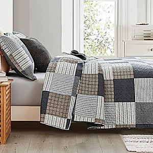 Finlonte Quilts Queen Size, 100% Cotton Lightweight Bedspread, Grey Brown White Plaid Patchwork Soft Reversible Queen Quilt Set for Bed All Season, 3-Pieces