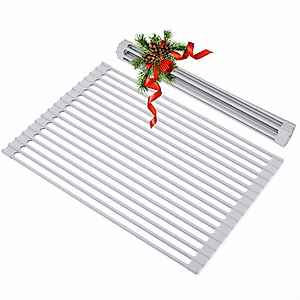 Roll Up Dish Drying Rack, ABQ Over Sink Dish Drying Rack, Foldable All Silicone Coated Rolling Sink Rack Mat Stainless Steel Dish Drainer for Kitchen (17.5''x13'')