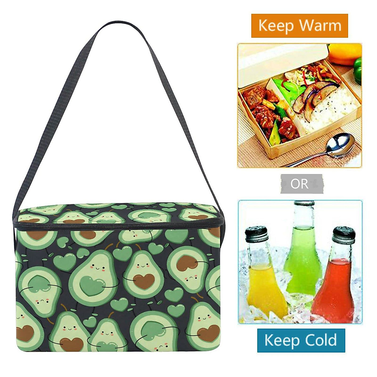 ZZXXB Avocado Love Heart Insulated Lunch Bag Cooler Reusable Lunch Box School Office Travel Picnic Tote Bag for Women Men Kids
