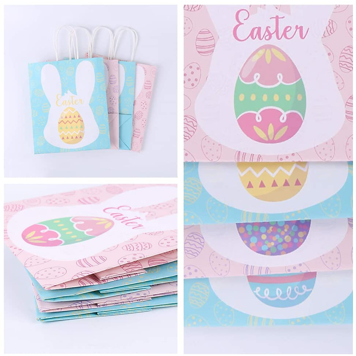 KEPATO 12 PCS Easter Gift Bags Paper Bag with Handles Bunny Design for Easter Egg Hunts, Party Favors Candies Goodie Bags Bulk,Packaging, Gifts
