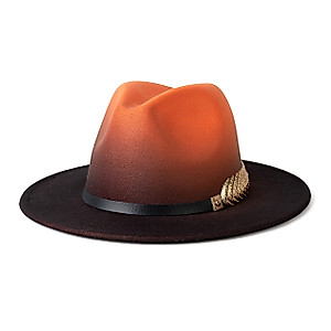 Gossifan Women Gradient Color Fedora Wide Brim Felt Panama Hat with Belt Buckle Orange/Black