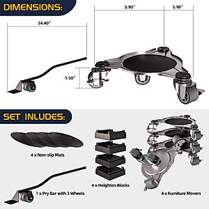 ENMEN Furniture Movers with Wheels – 15cm Thickened Steel Frame Furniture Dolly 4 Wheels with Pry Bar & Heightening Blocks, 360° Furniture Lifters for Heavy Furniture for 1000Lbs – Small