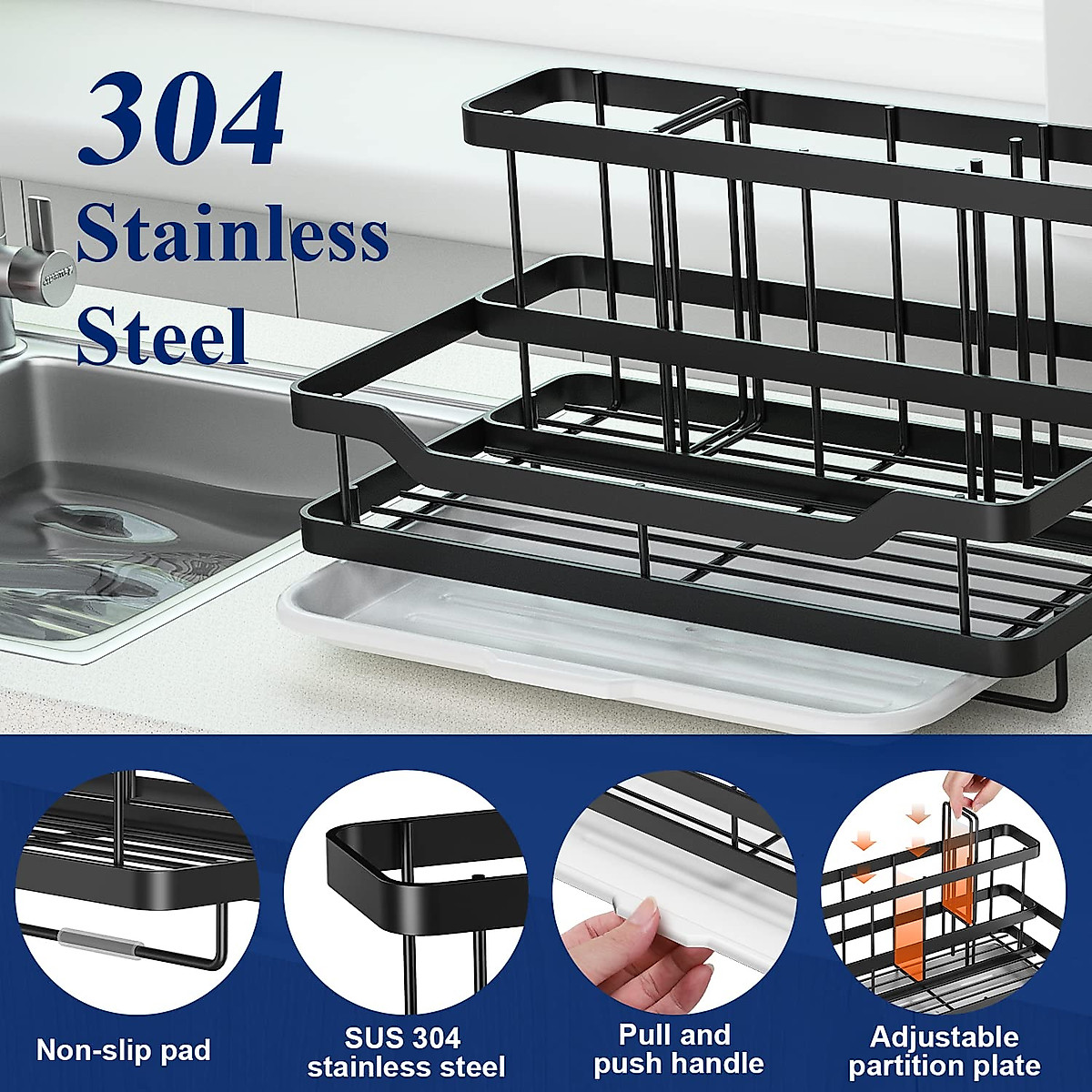 MFTEK Kitchen Sink Caddy Sponge Holder, Large Sponge Holder for Kitchen Sink Countertop Organizer, Soap Holder Tray Dish Dispenser Storage Rack with Drain Tray, Black -Not Include Sponge, Brush