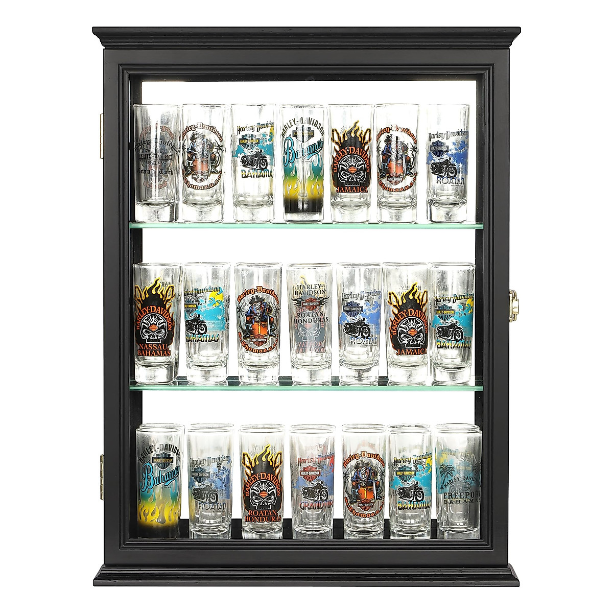 DisplayGifts Souvenir Shot Glass Display Case Shadow Box Wall Mounted Cabinet Mirror Background Black